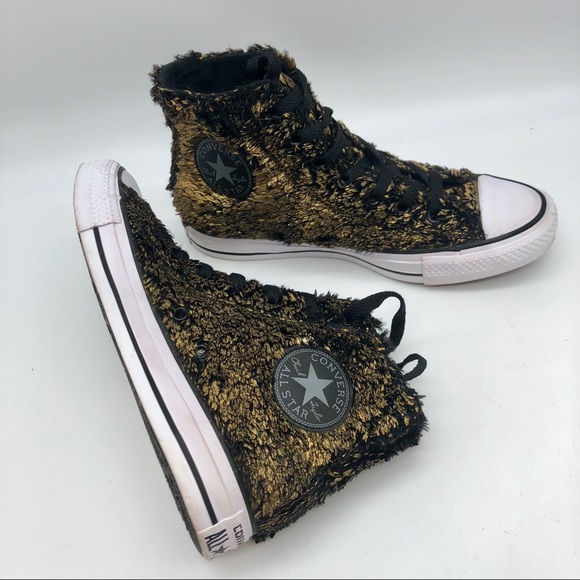Converse | Shoes | Converse High Top Black And Gold Fuzzy Sneakers ...
